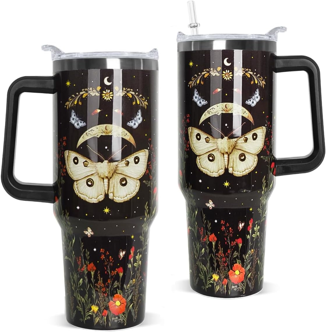 Gothic Tumbler with Handle and Straw 40 oz Goth Moth Cup Coffee Travel ...
