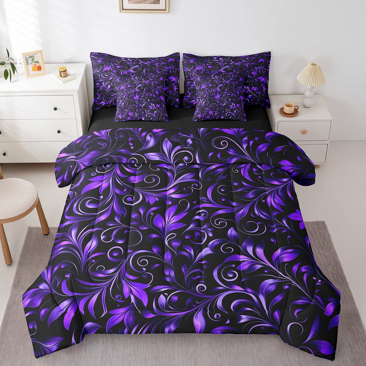 Gothic Twin Comforter Set 7 Piece Black Purple Damask Goth Bedding Set ...