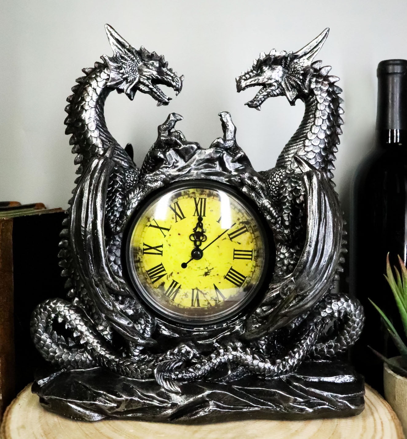 Gothic Twin Dragons Table Clock Statue With Roman Numerals In Metallic ...