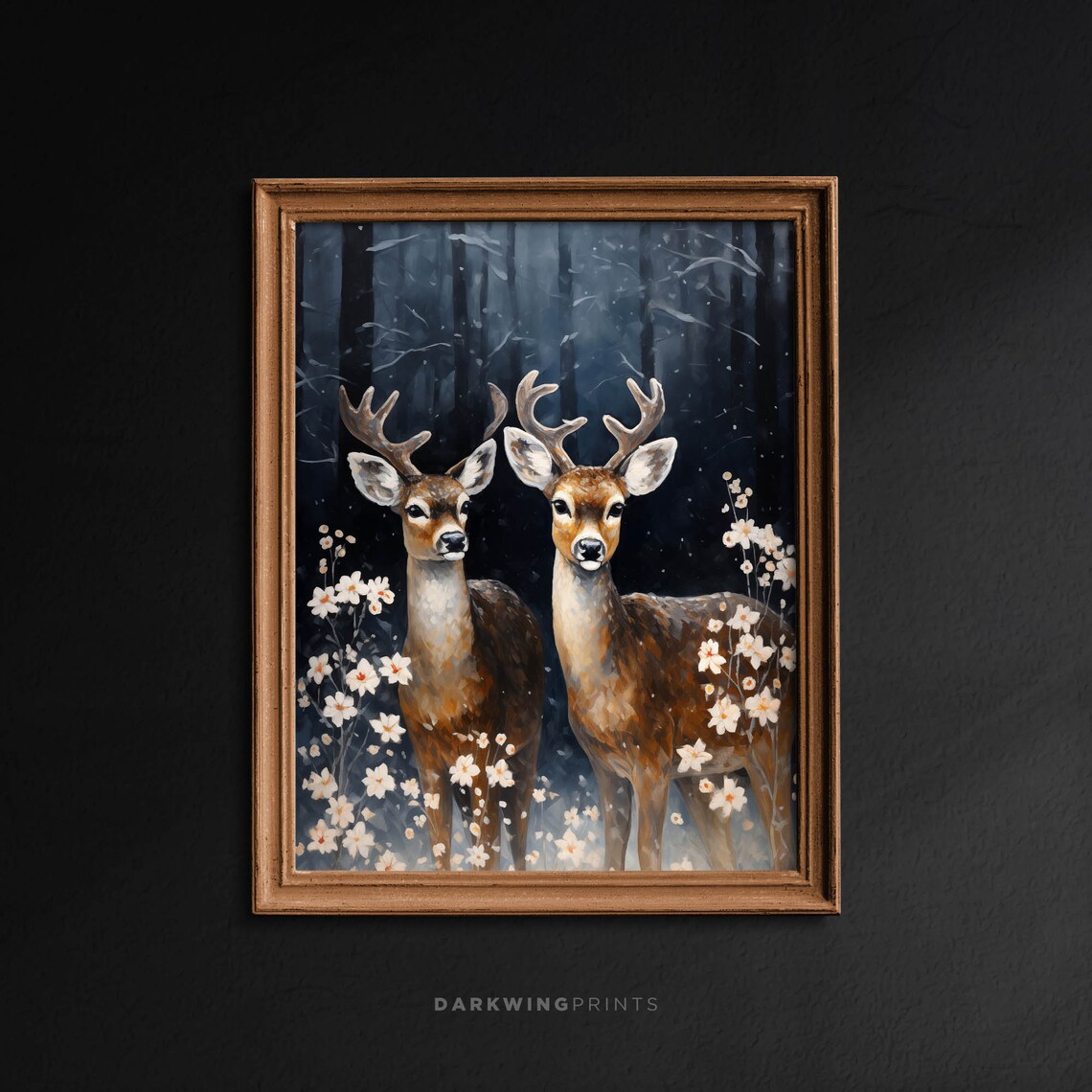 Gothic Two Deer, Winter Botanical Vintage Style Animal Wall Art, Winter ...