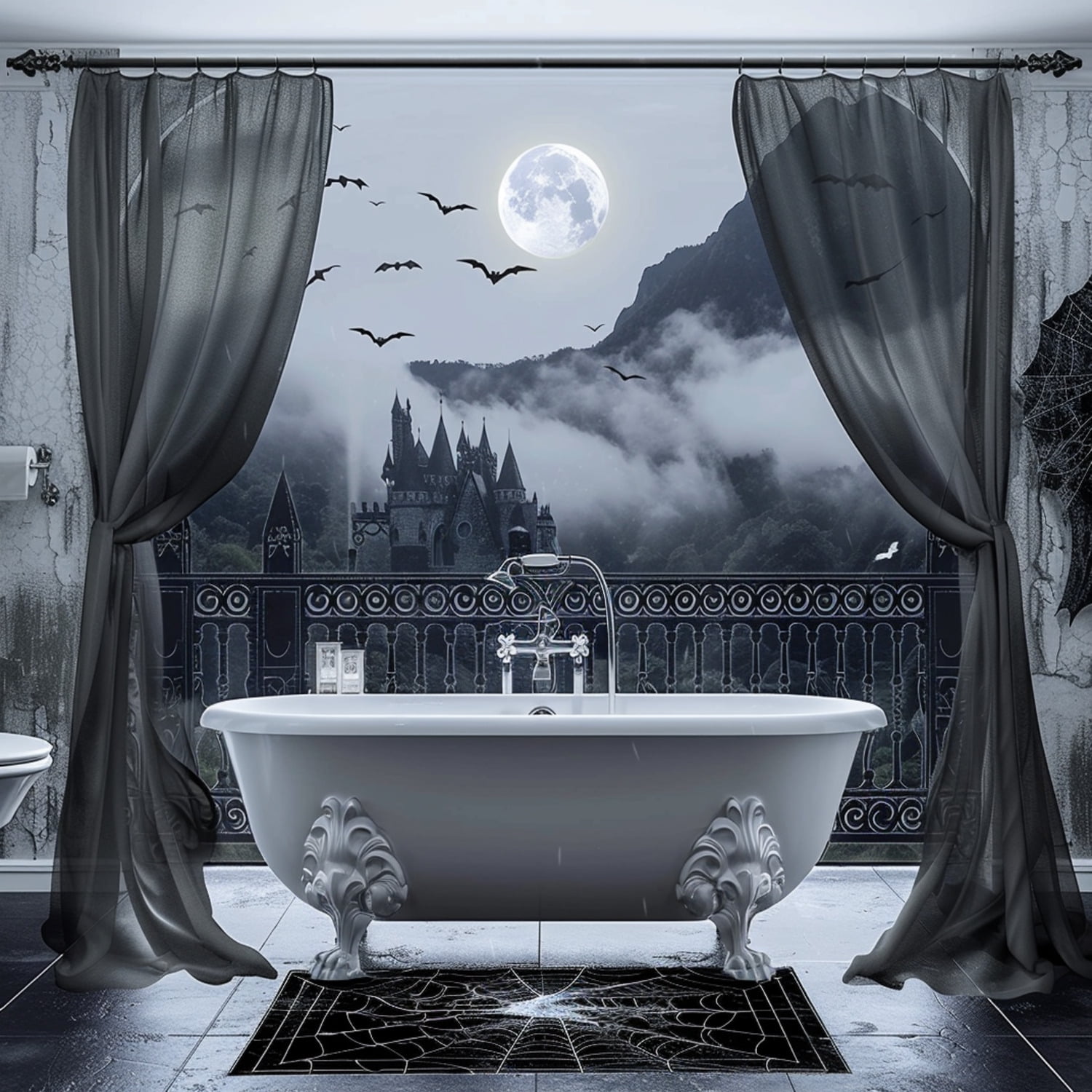 Gothic Vampire Bathroom Decor Set Dark Gray Stone Balcony Bat and ...