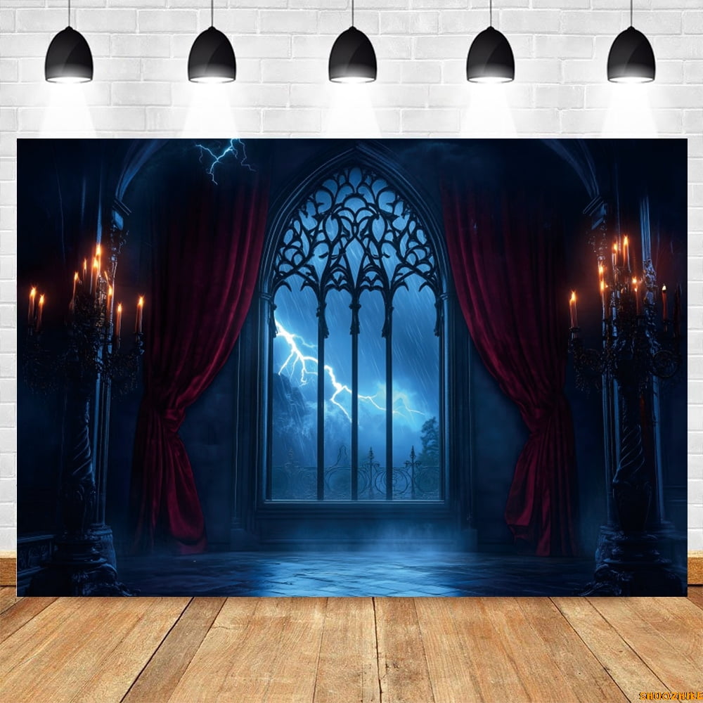 Gothic Vampire Medieval Castle Backdrop Scary Rainy Night Lightning ...