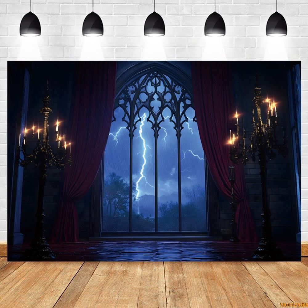 Gothic Vampire Medieval Castle Backdrop Scary Rainy Night Lightning ...