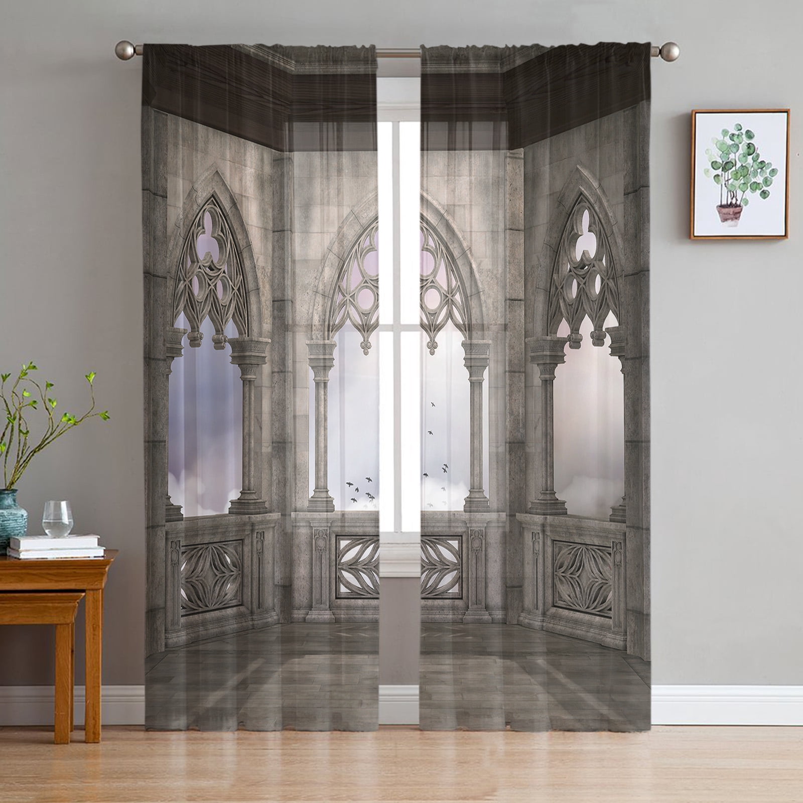 Gothic Vintage House rative Sheer Curtains for Living Room Bedroom ...