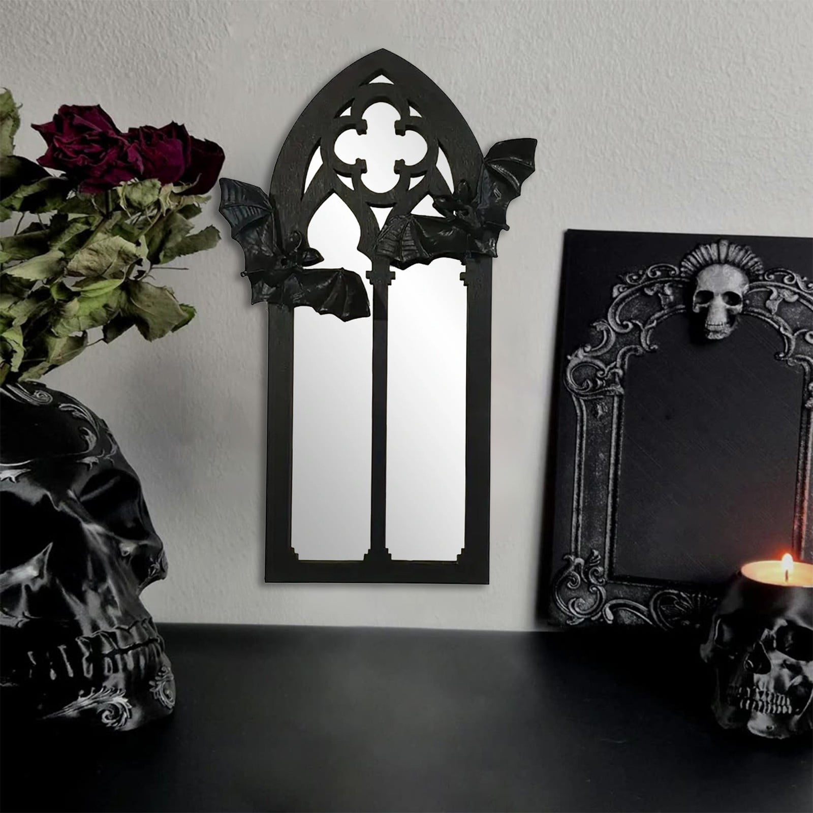 Gothic Wall Mirror, Black Wood Frame Bat Halloween Decor, Spooky Gothic ...