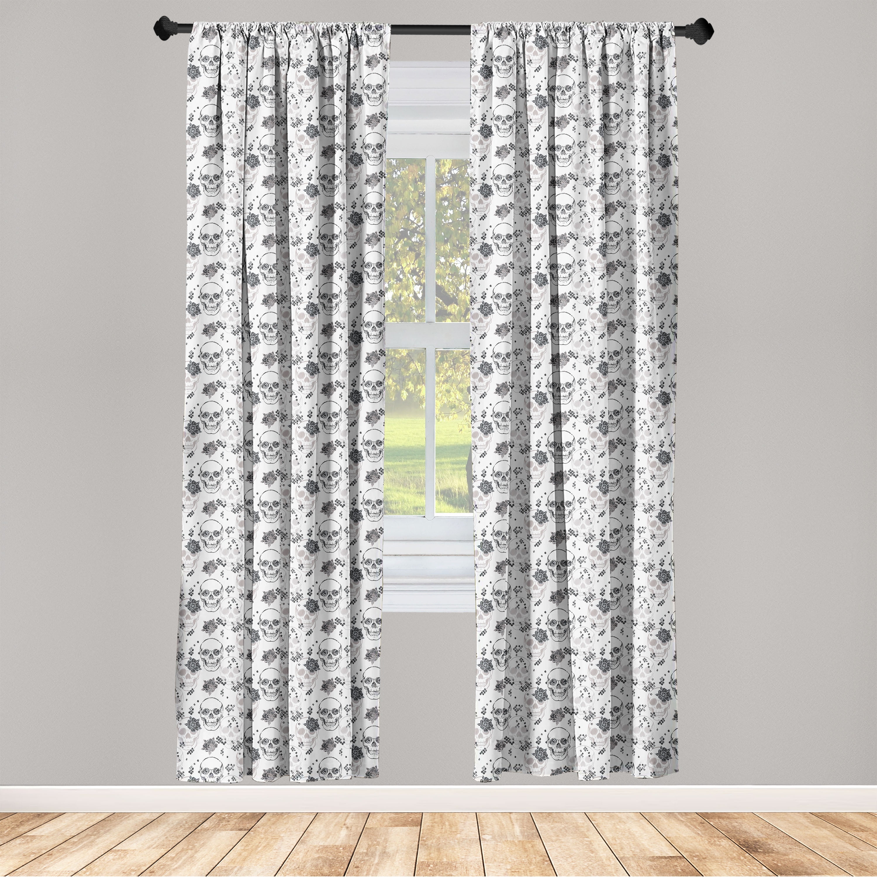 Gothic Window Curtains, Old School Illustration of Skulls Flowers and ...