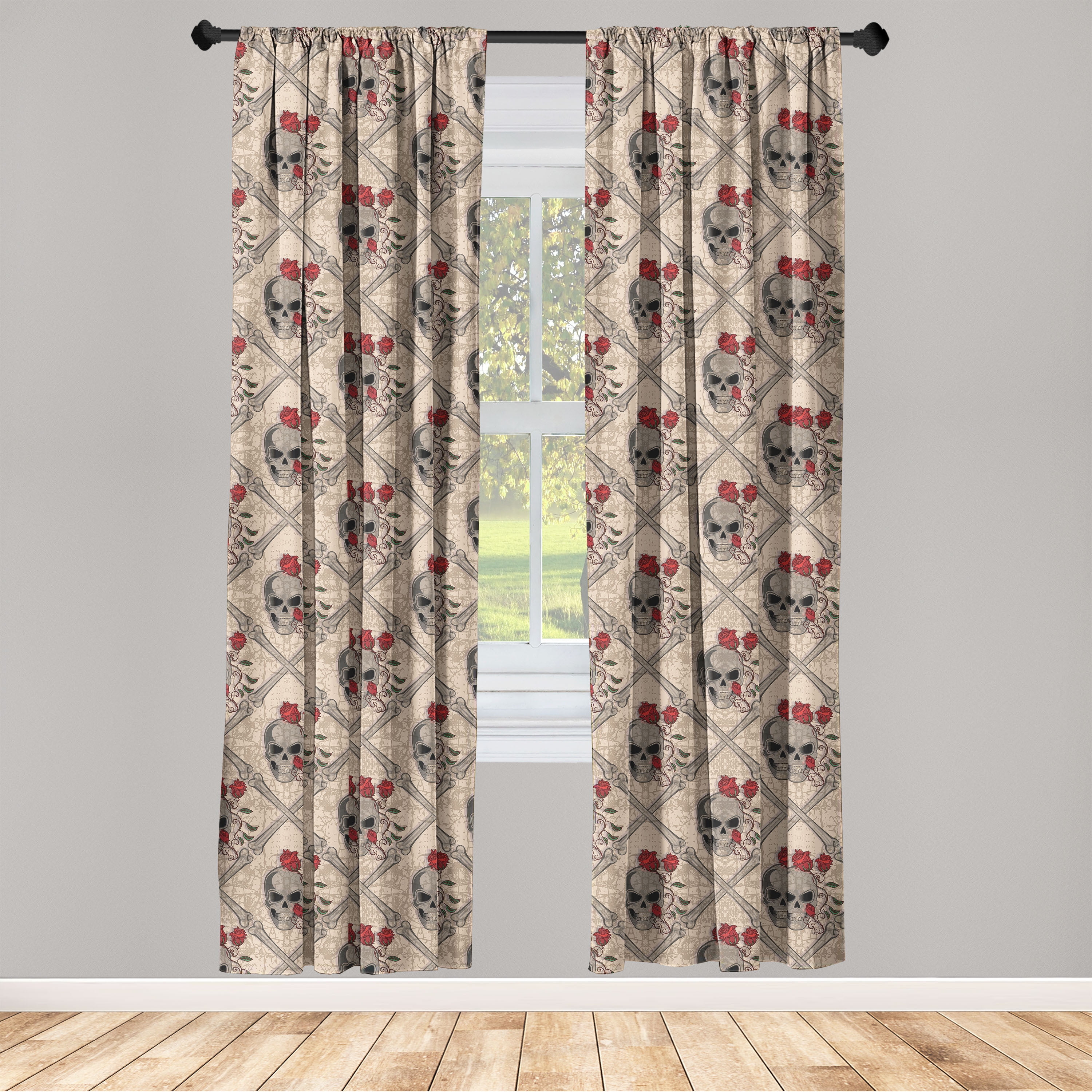 Gothic Window Curtains, Skull Face Impressions Branches of Roses ...