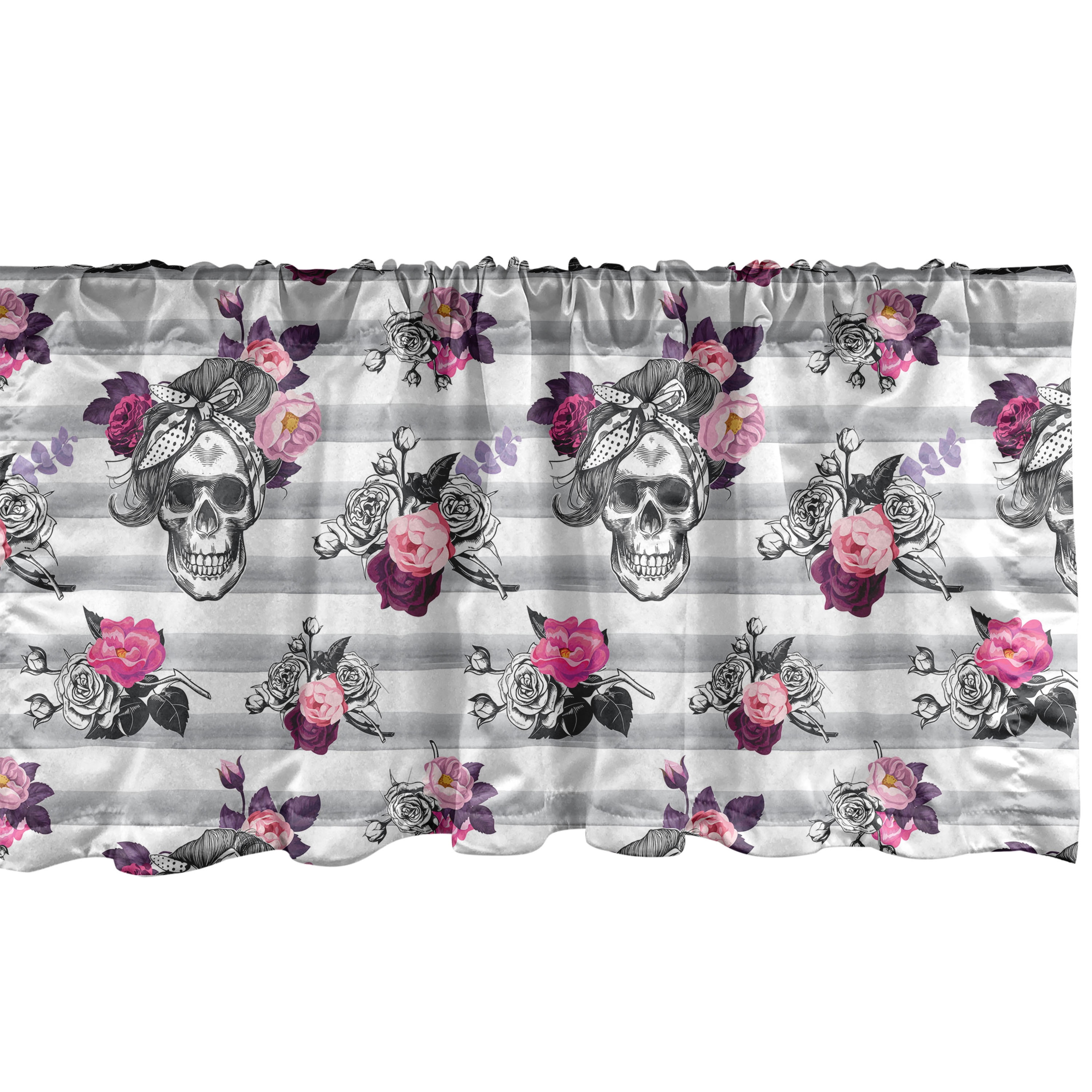 Gothic Window Valance, Contemporary Style Drawn Skull and Flora Sketch ...