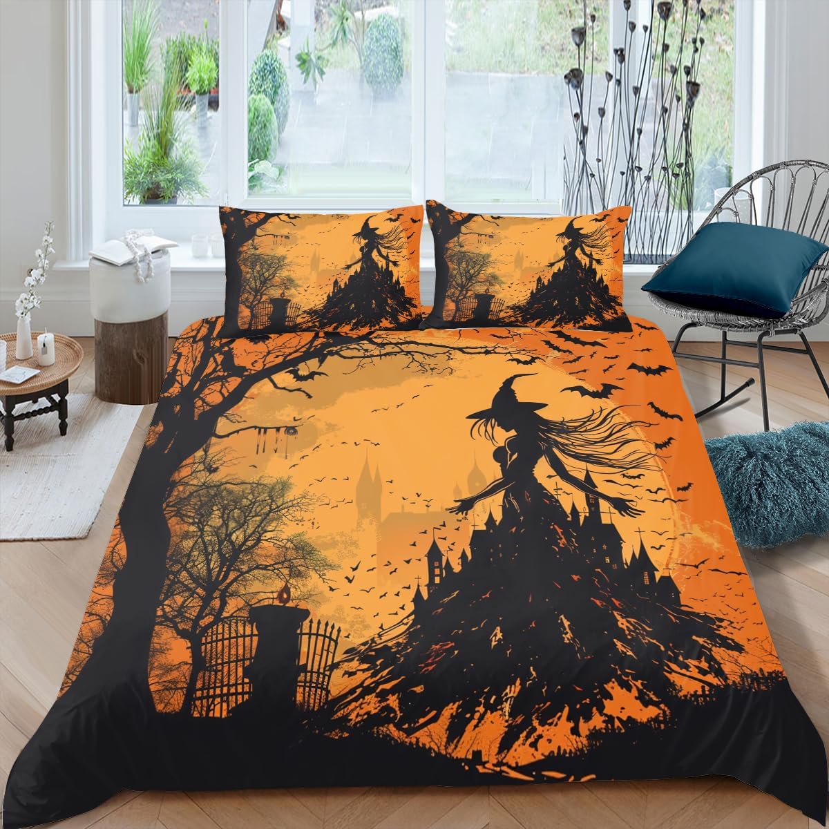 Gothic Witch Duvet Cover Black Bats Comforter Cover Halloween Botanical ...