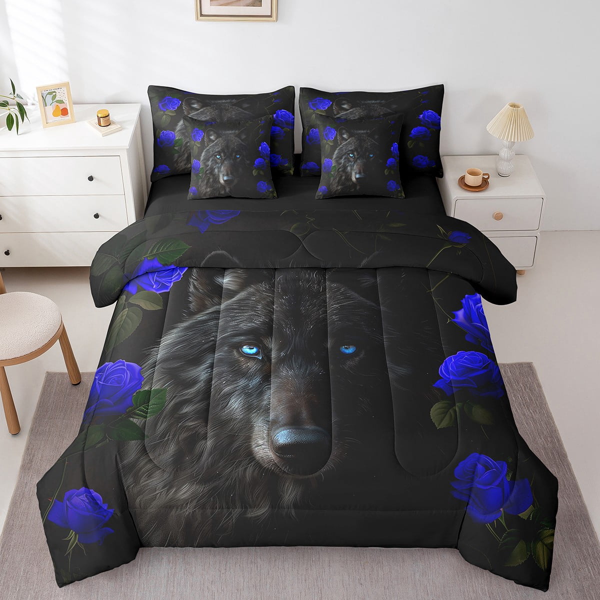 Gothic Wolf Bed in a Bag King Size Comforter Set 7 Pieces,Blue Rose ...