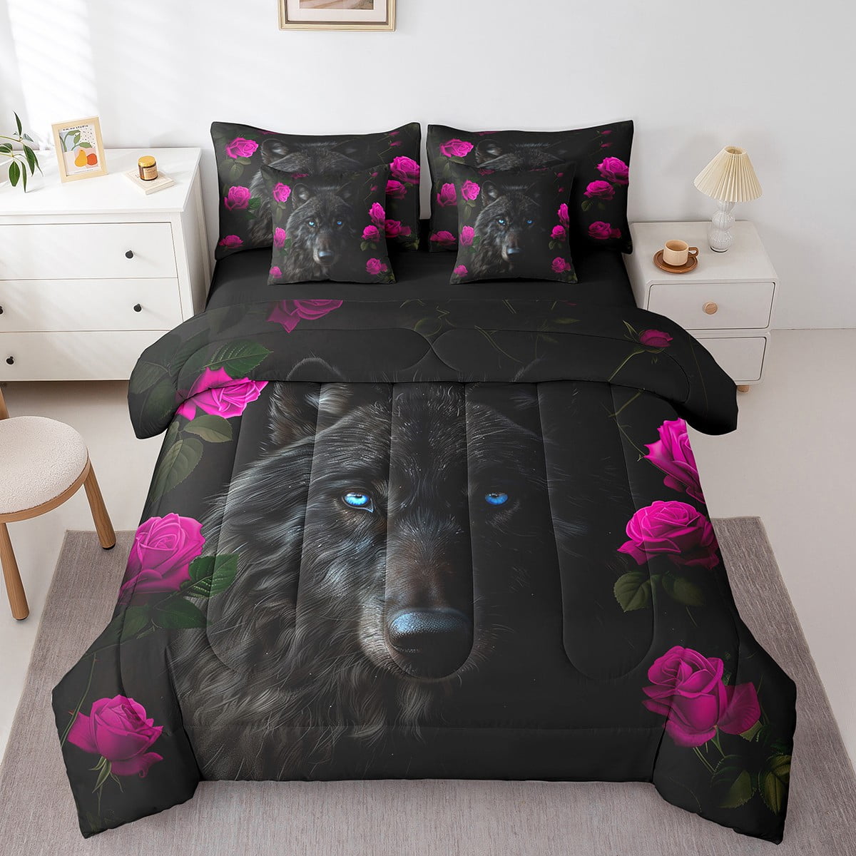 Gothic Wolf Bed in a Bag King Size Comforter Set 7 Pieces,Magenta Rose ...