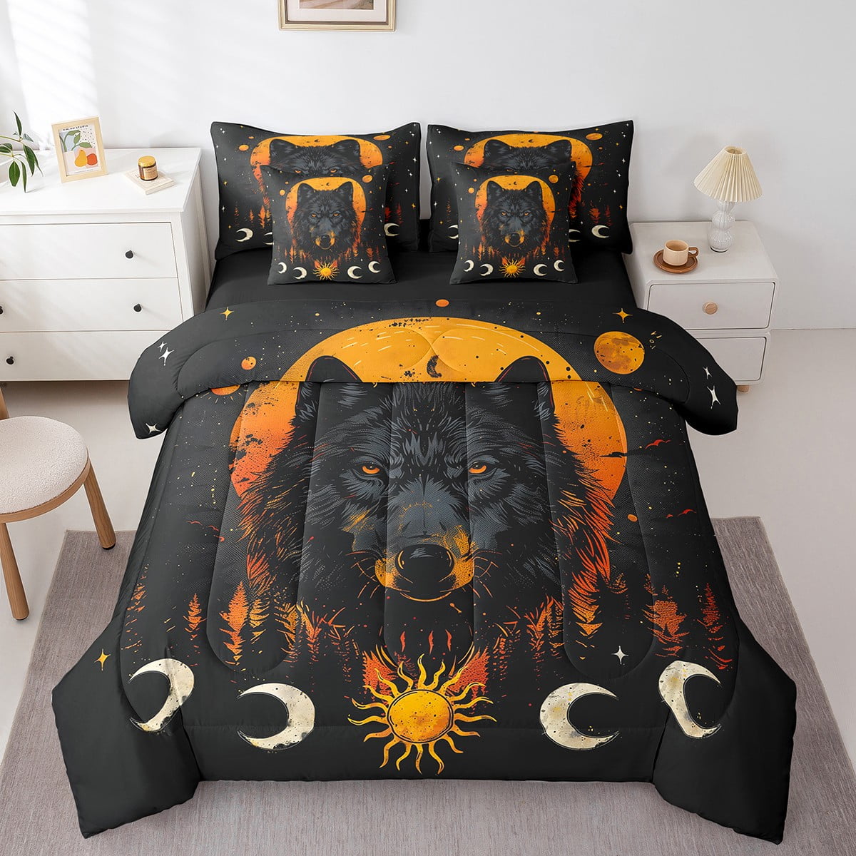 Gothic Wolf Bed in a Bag King Size Comforter Set 7 Pieces,Sun And Moon ...
