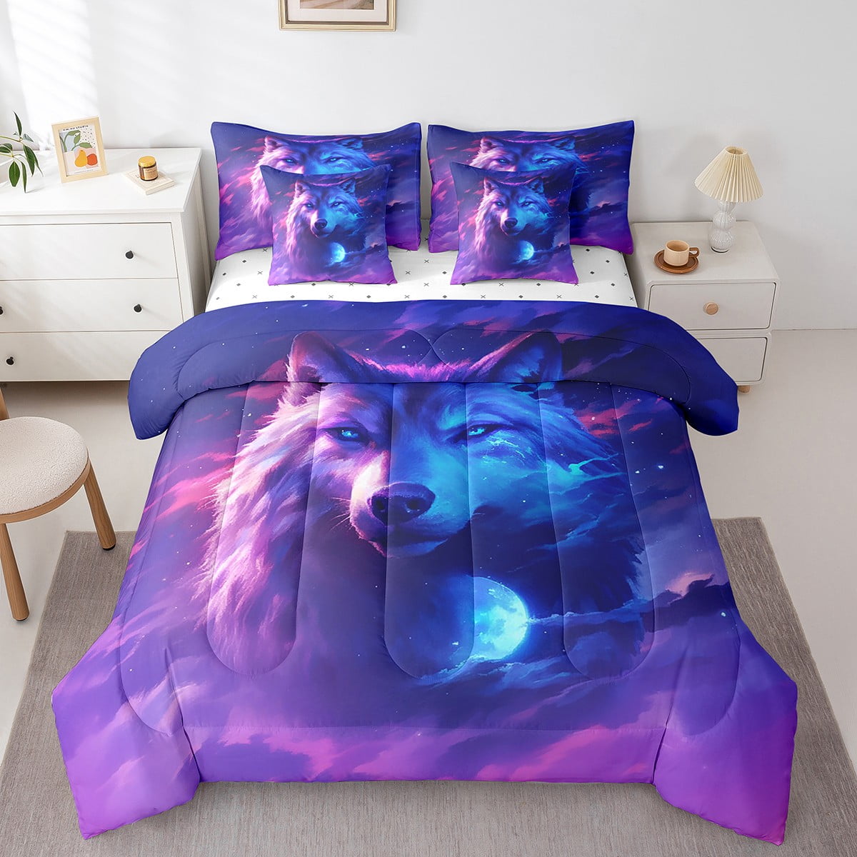 Gothic Wolf Comforter Set 7 Piece Bed in a Bag Twin Sun and Moon Galaxy ...