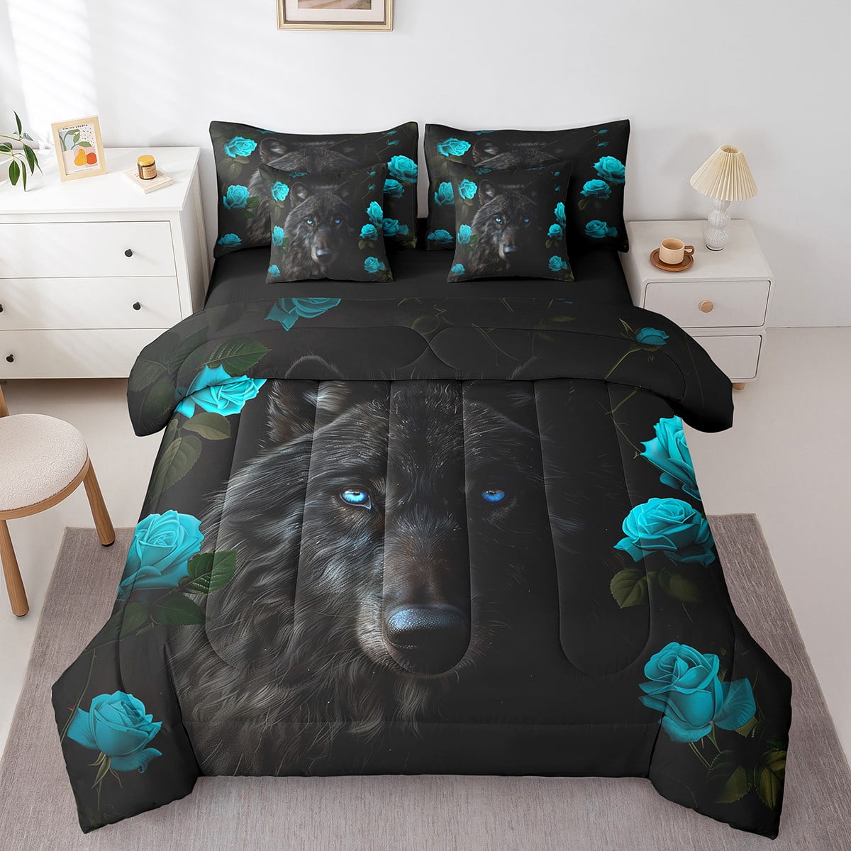 Gothic Wolf Comforter Set 7 Piece Bed in a Bag Twin,Teal Rose Sheet Set ...