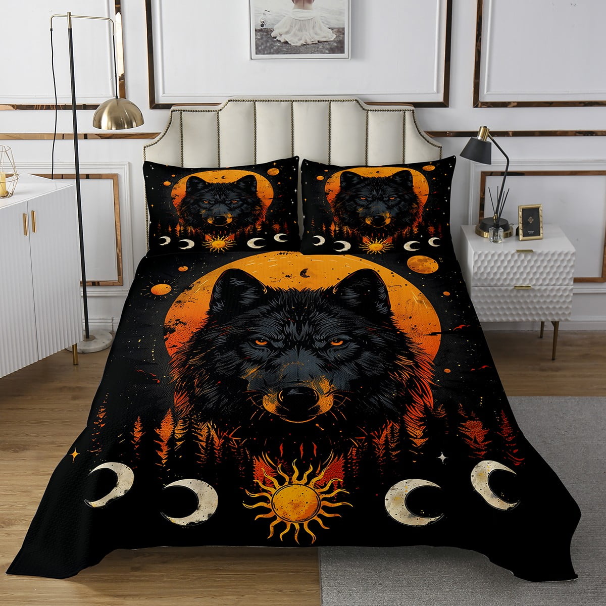 Gothic Wolf Quilt Set Sun and Moon Stars Coverlet Set,Goth Woodland ...