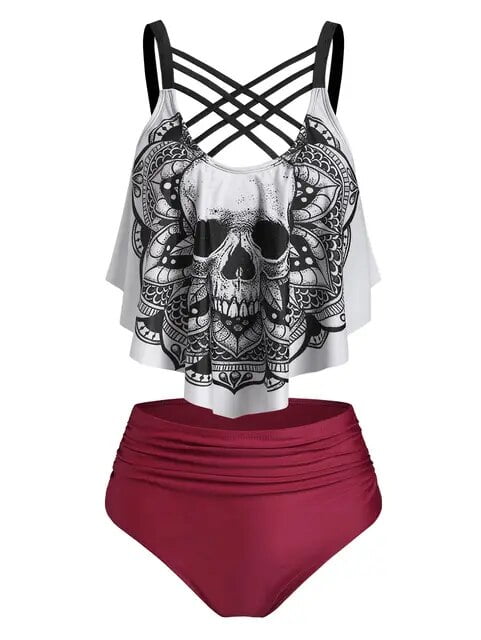 Gothic Women Skull Graphic Padded High Waist Tankini Swimwear Casual ...