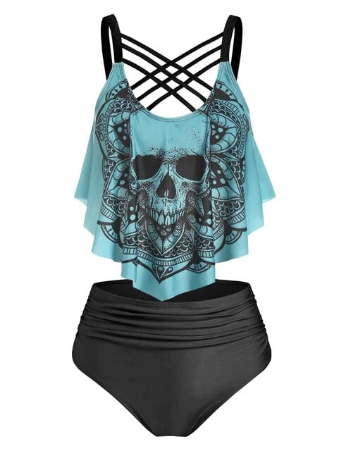 Gothic Women Skull Graphic Padded High Waist Tankini Swimwear Casual ...