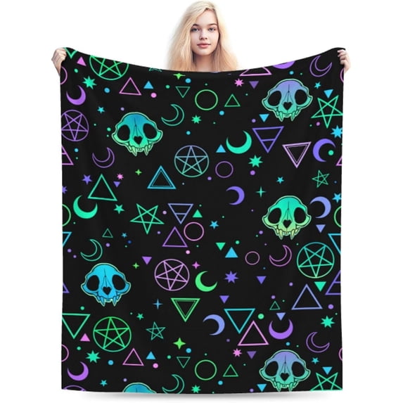Gothic purple witchy pattern blanket occult symbols magic cat crystals ...