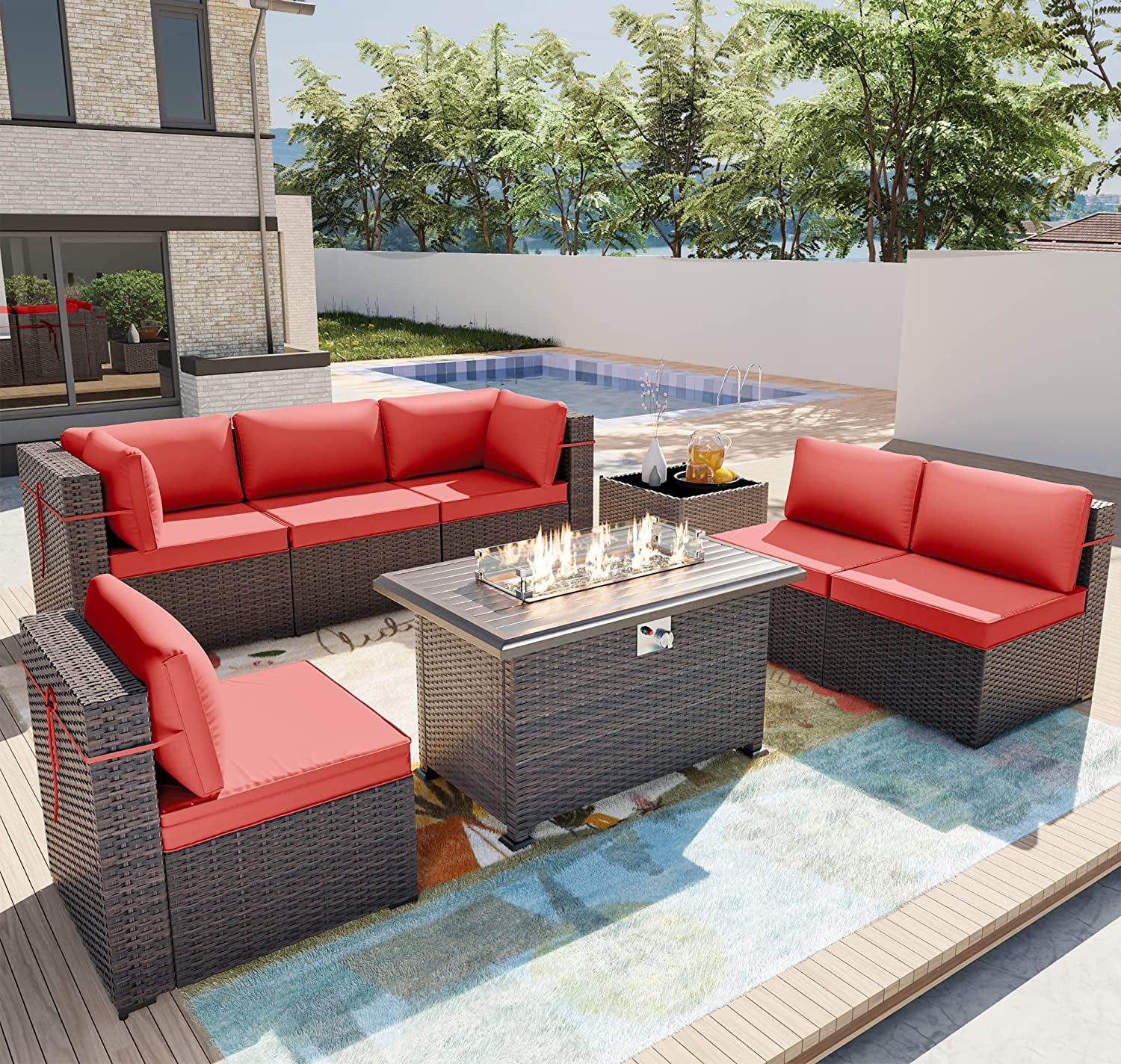 Gotland 8-Piece Outdoor Patio Furniture Set with Gas Fire Pit Chairs ...