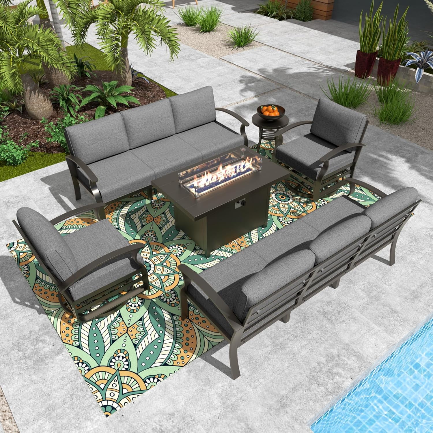 Gotland 8 Seats Outdoor Metal Patio Furniture Set with 2 Swivel Rocking Chairs&55,000 BTU Gas ...