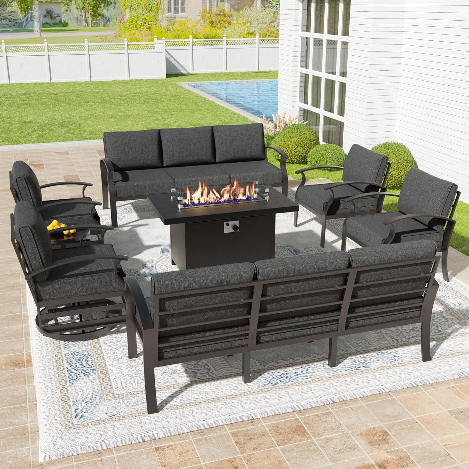 Gotland Aluminum Patio Furniture Set 8 Pieces 10 Seat Metal Outdoor Furniture Conversation Set w 45 Propane Gas Fire Pit Swivels Black