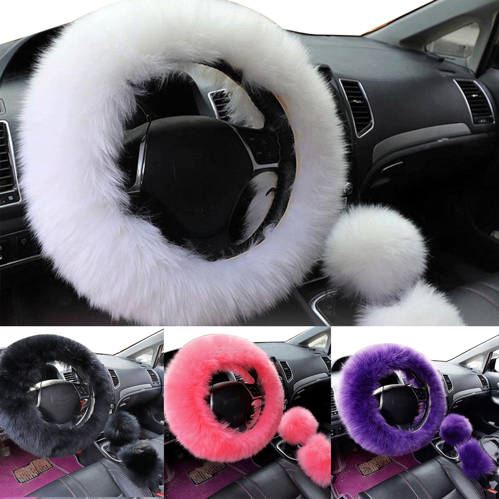 Gotofar 3Pcs/Set Faux Wool Steering Wheel Gear Shift Rod Brake Fluffy ...