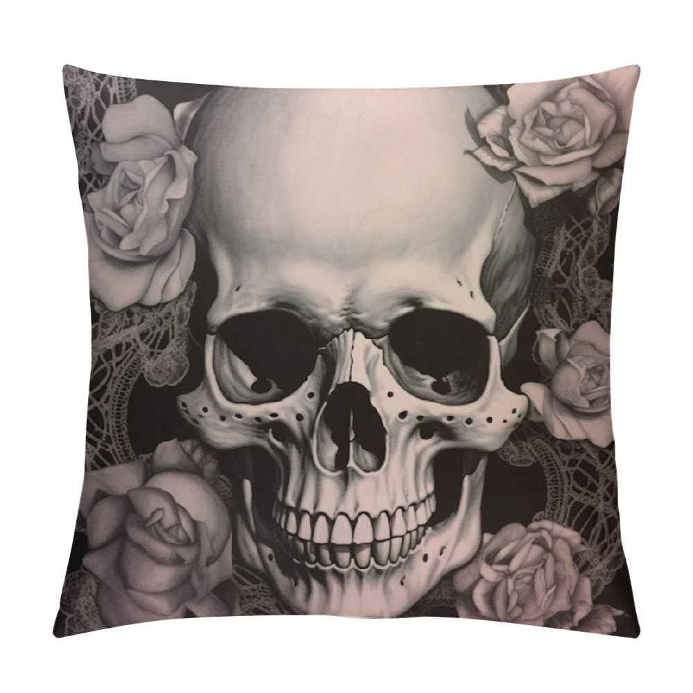 Gotuvs Black And White Skull Throw Pillow Cover Rose Lace Bone Floral