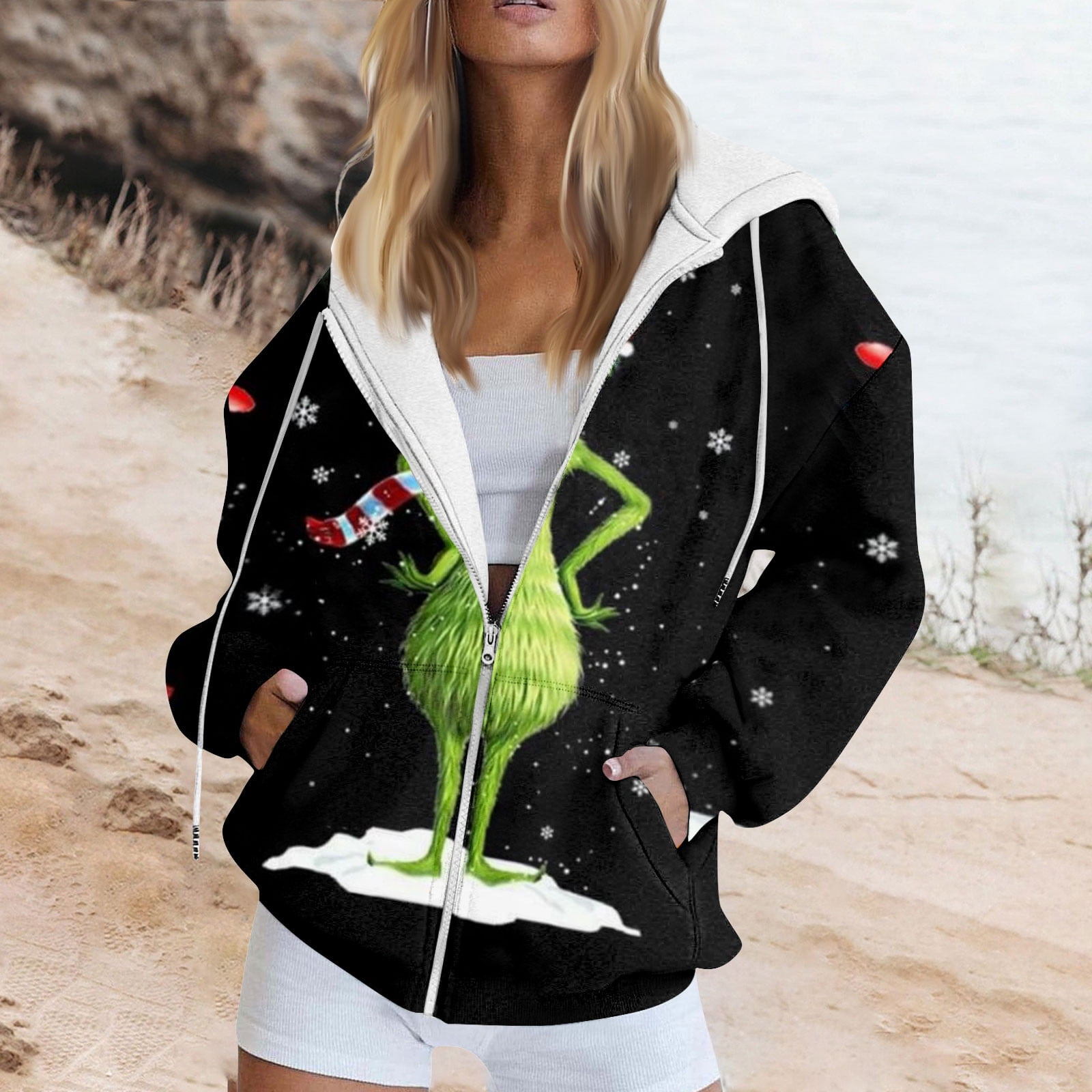 Gotyou Grinch Christmas Hoodie Zipper Coat Womens Grinchs Sweatshirt Autumn And Winter Long