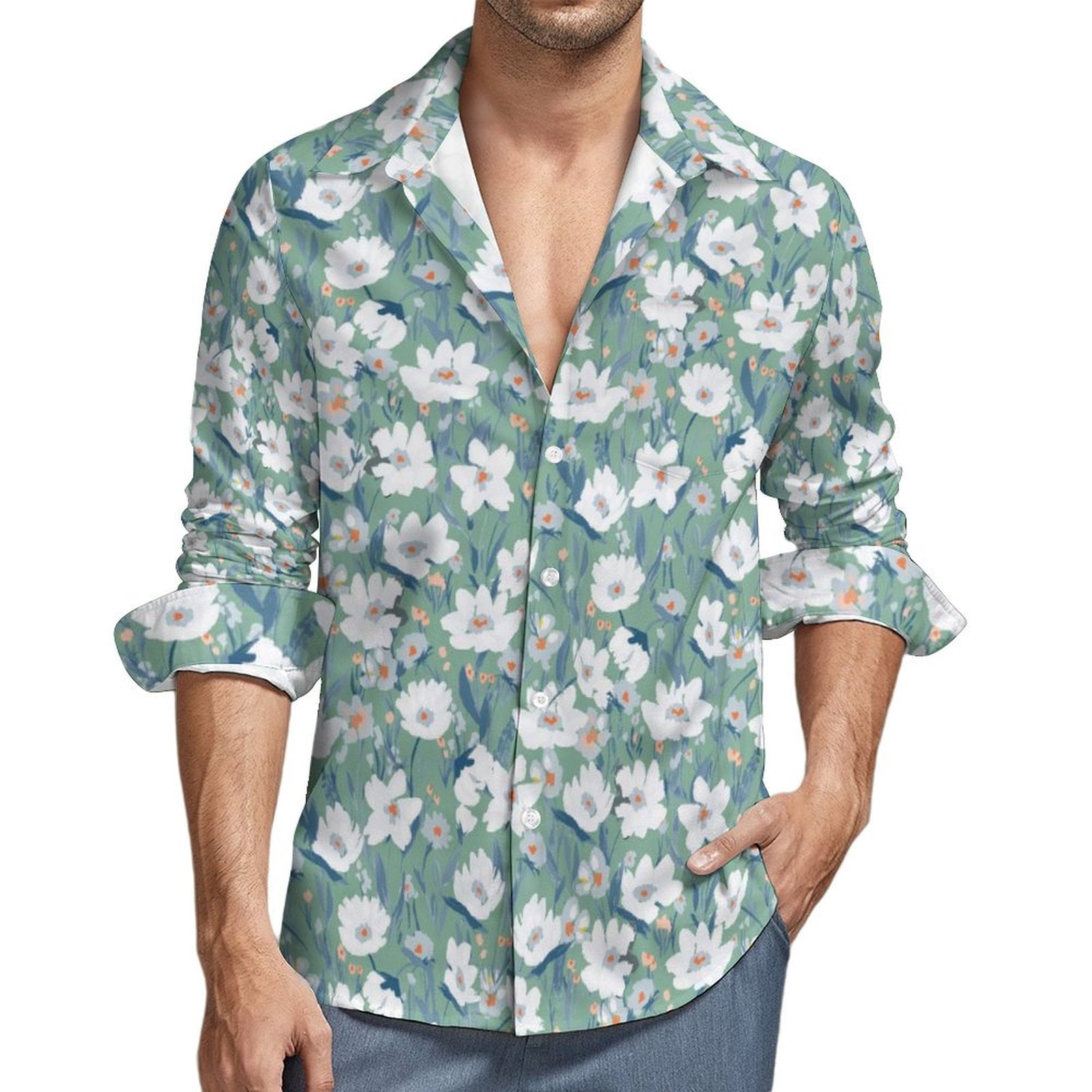 Gouache Flowers Mens Long Sleeve Button Down Shirts, Casual Men's ...
