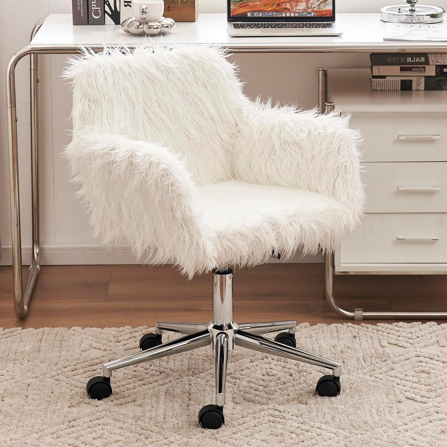 Goujxcy Fluffy Desk Chair, Faux Fur Swivel Home Office Chair Height ...