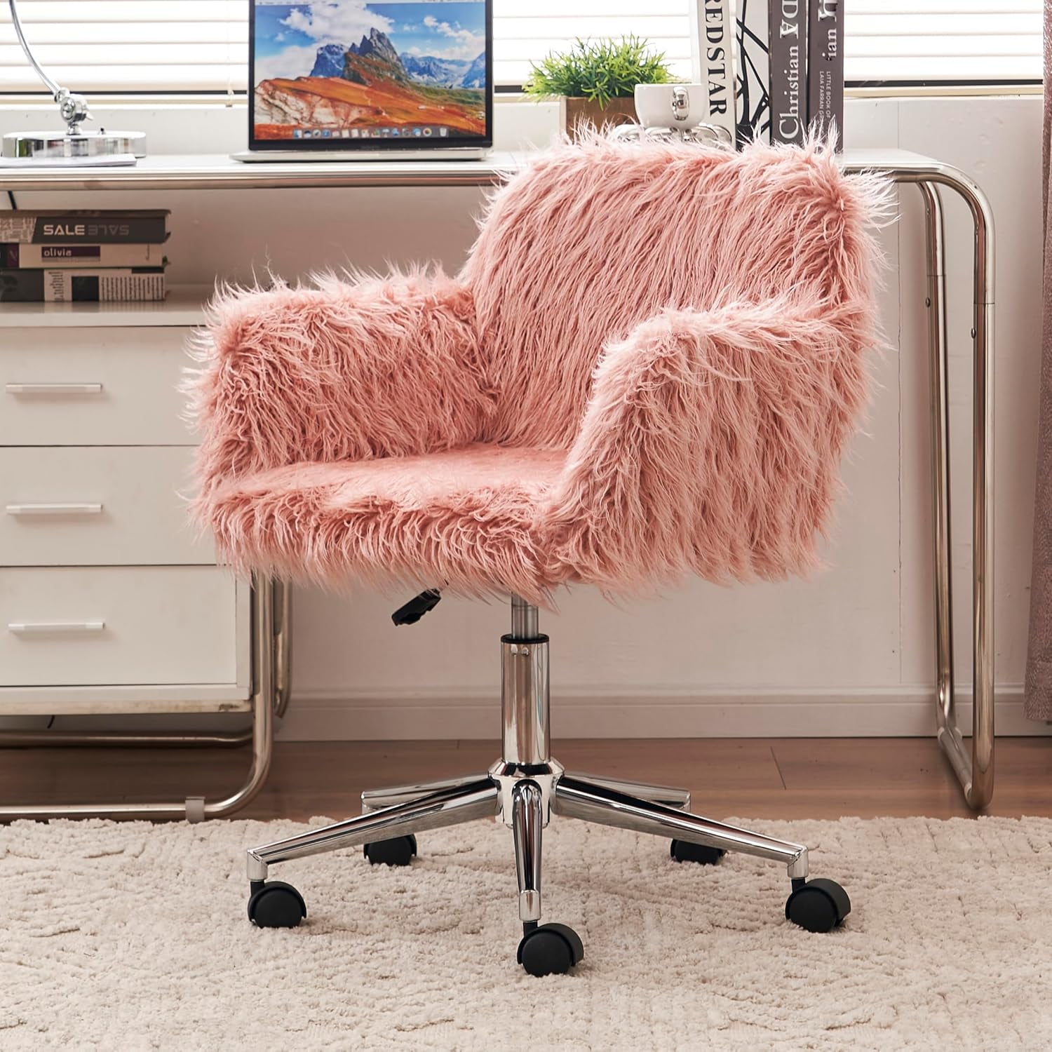 Goujxcy Fluffy Desk Chair, Pink Faux Fur Vanity Chair Swivel Office ...