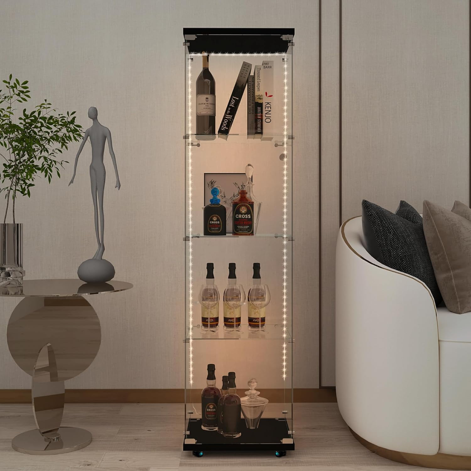 Goujxcy LED Glass Display Cabinet, 4-Tier Curio Cabinet with Lights ...