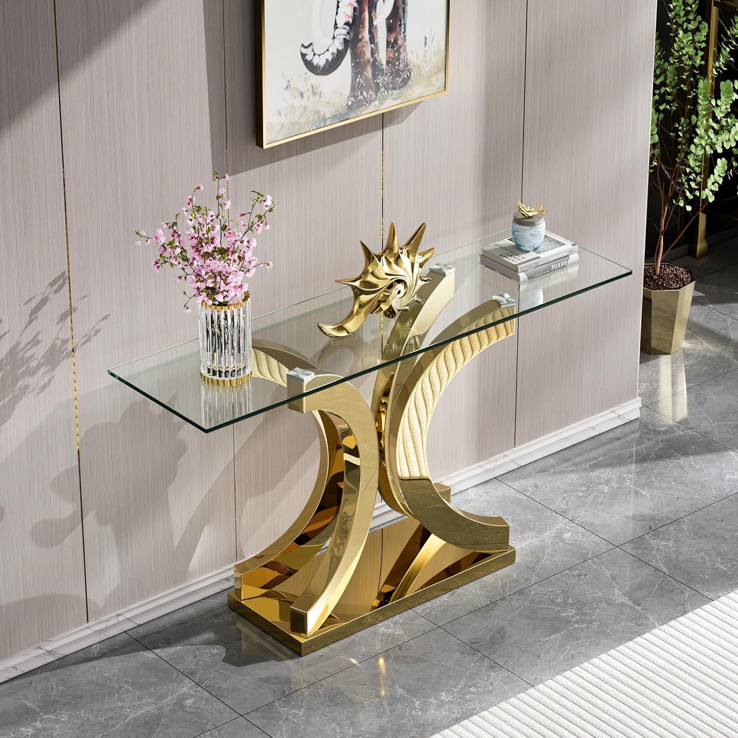 Goujxcy Luxury Gold Glass Console Table Modern 47" Rectangular Slim ...