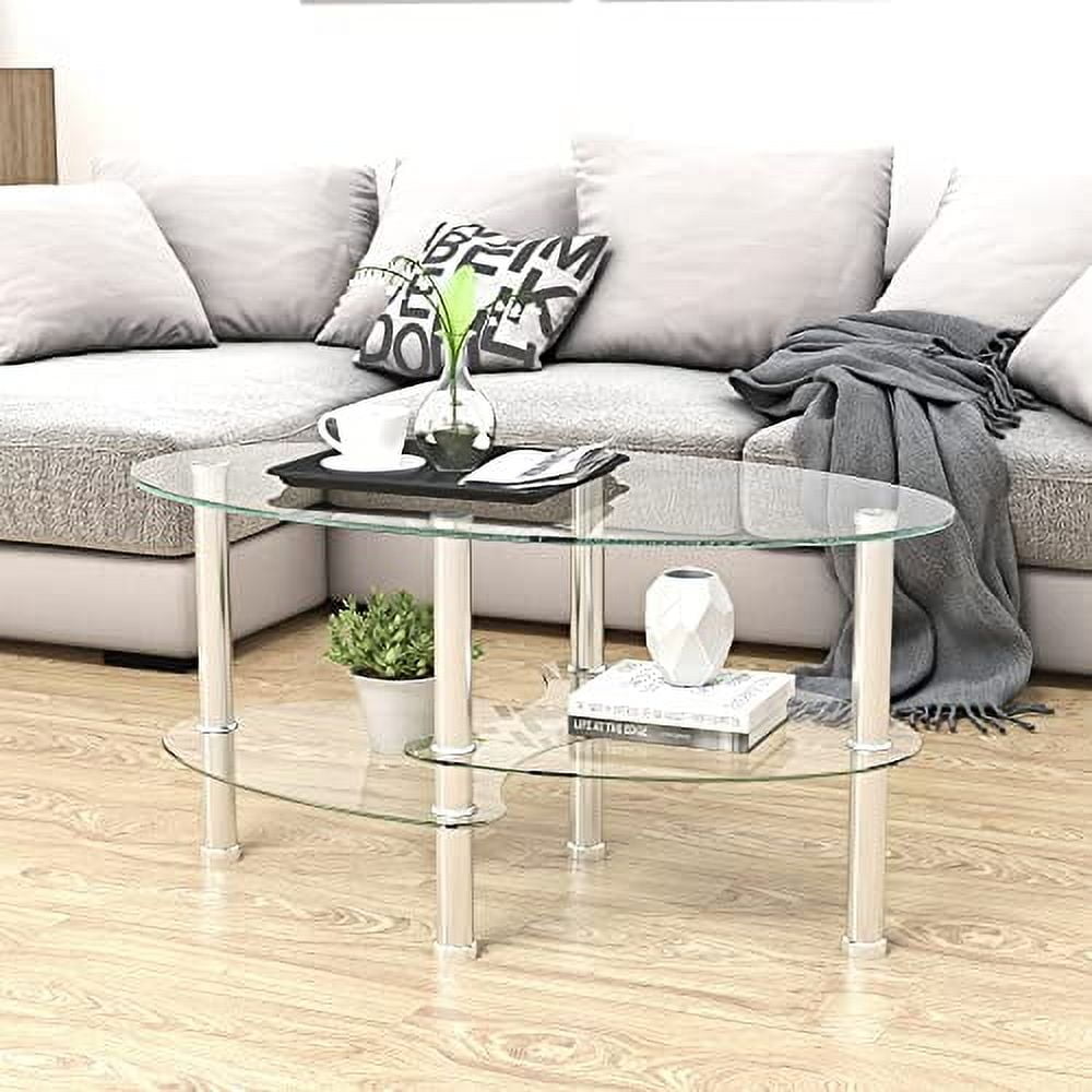 Goujxcy Oval Glass Coffee Table, Modern Clear Coffee Table with Lower Shelf Wooden Legs End Side ...