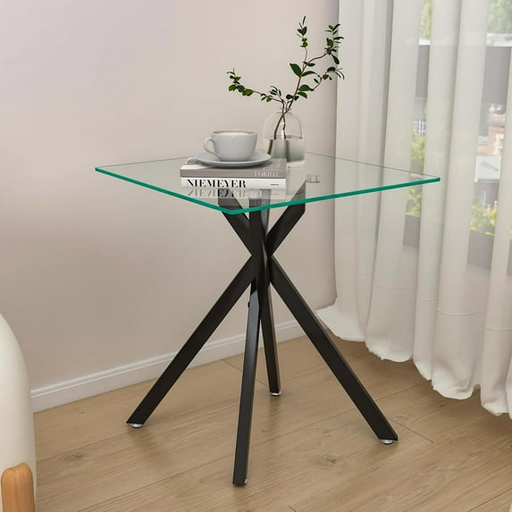Goujxcy Small Side Table Glass End Table with Black Metal Legs, Modern ...