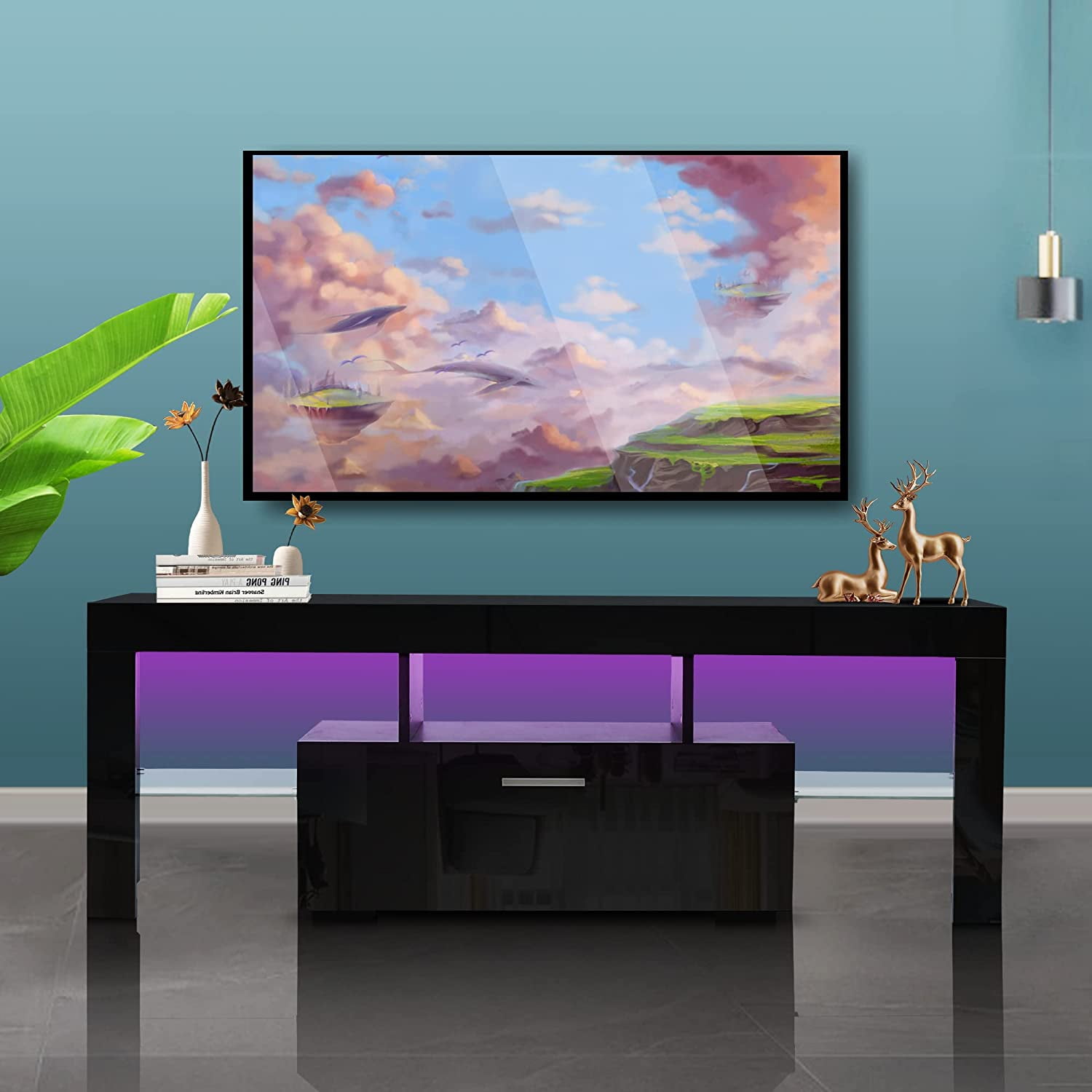 Goujxcy TV Stand with LED Lights, 1 Drawer and Open Shelves High Gloss ...