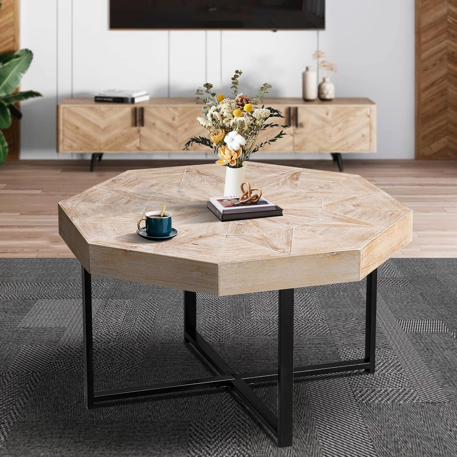 Goujxcy Wood Octagon Coffee Table for Living Room, 30" Wooden Coffee ...