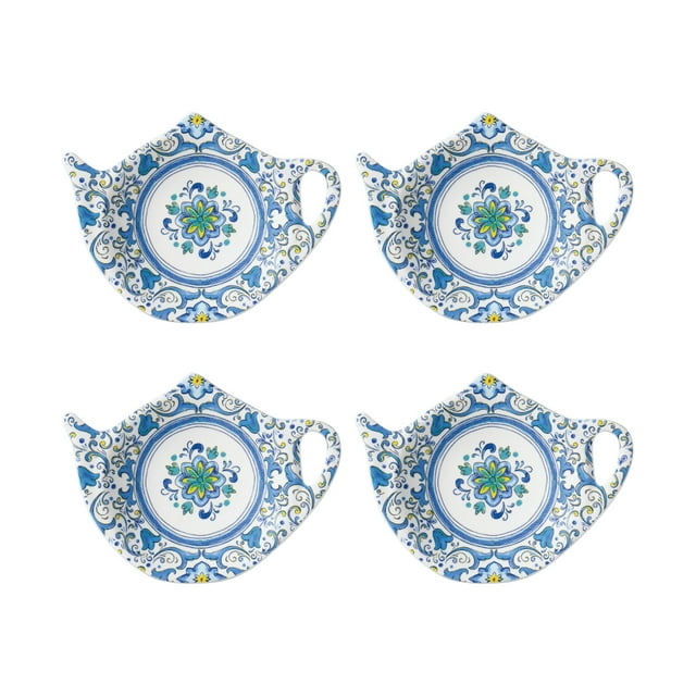 Gourmet Art 4-Piece Blue Floral Teapot Shaped Tea Bag Holder Set/Spoon ...