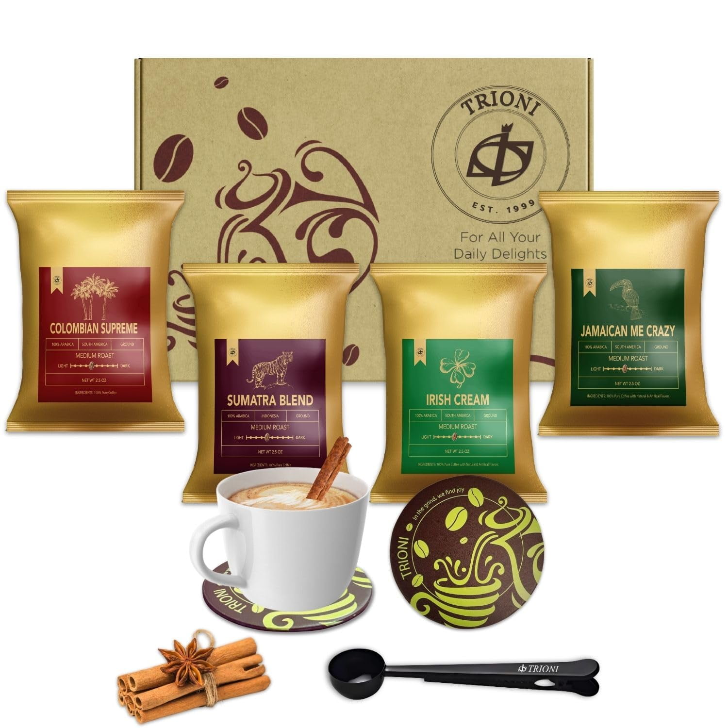 Gourmet Coffee Sampler Gift DEF29 Set (4x2.5oz) TRIONI Ground Coffee ...