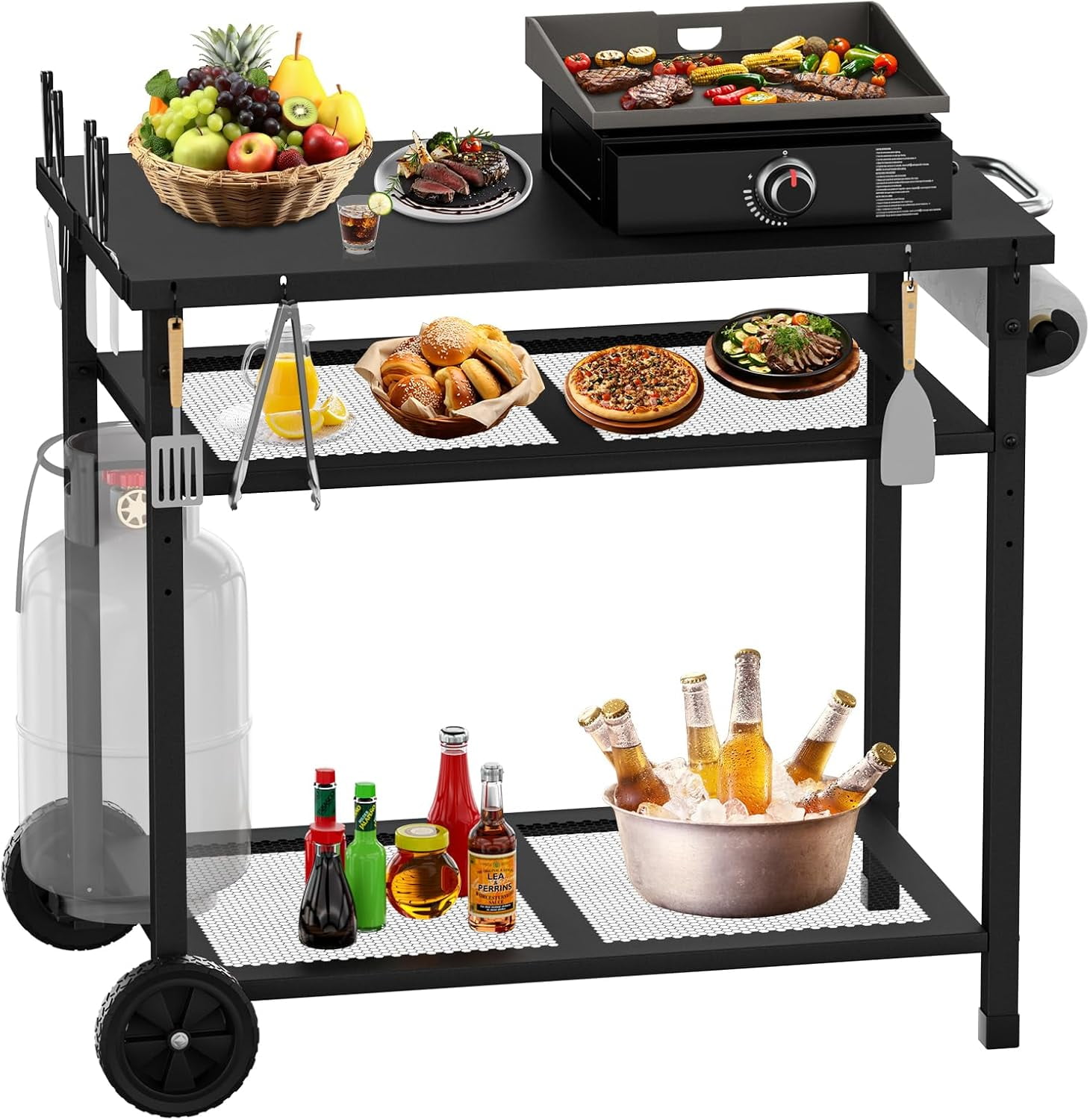 Gourmet Dining Cart Table with Three layers Shelf, Mobile metal flat top Grill Cart, Adjustable ...