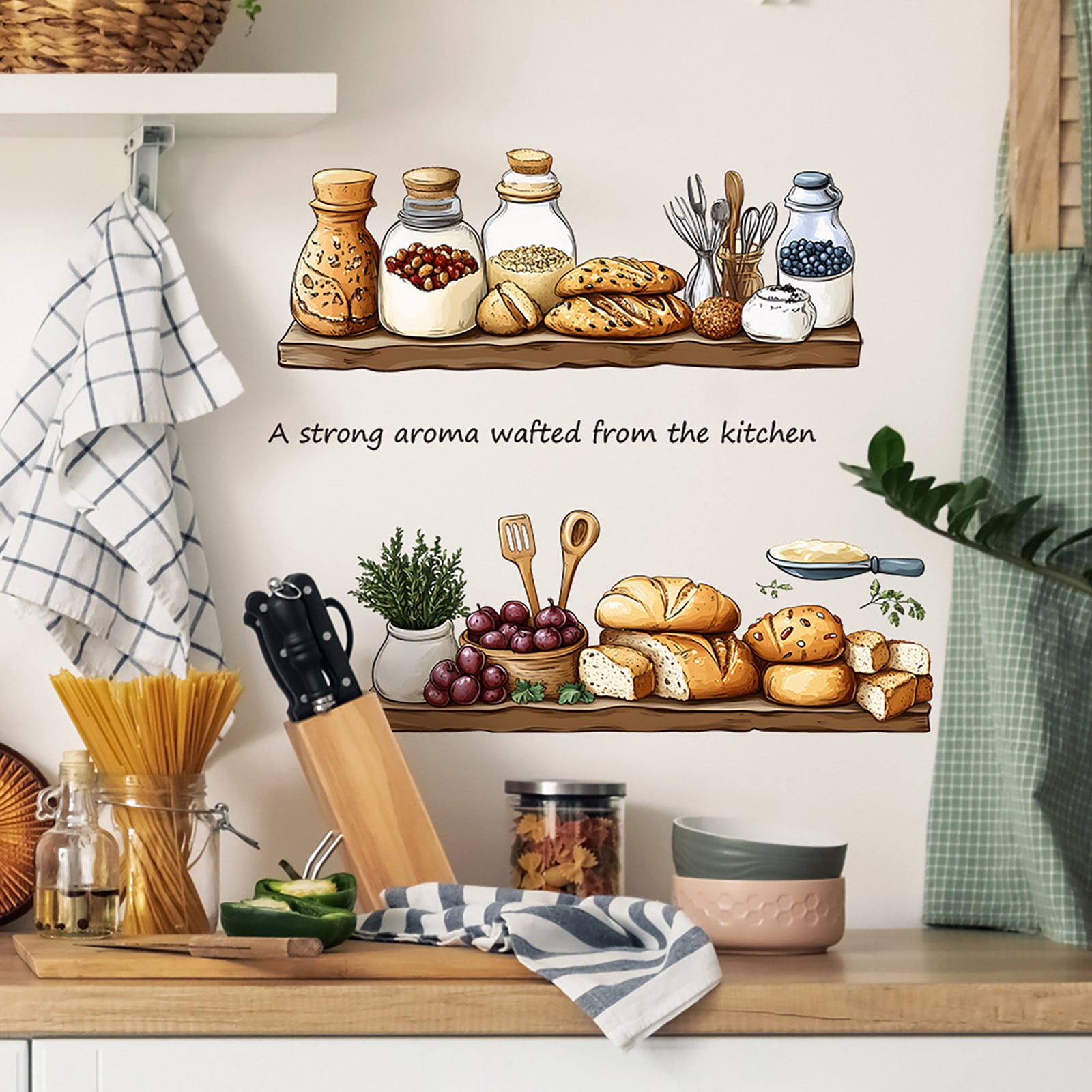 Gourmet Kitchen Wall Sticker Set of 4 Rustic Food Illustrations for ...