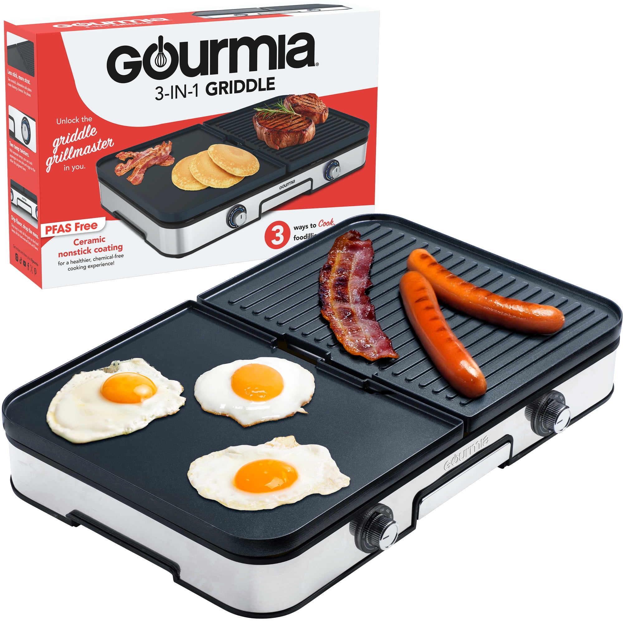 Gourmia 3-in-1 Indoor Grill/Griddle Electric Combo - 250-400°F Dual ...