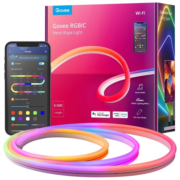 Govee Indoor LED Strip, 6.5ft Wi-Fi RGBIC Neon Rope Light for Bedroom ...