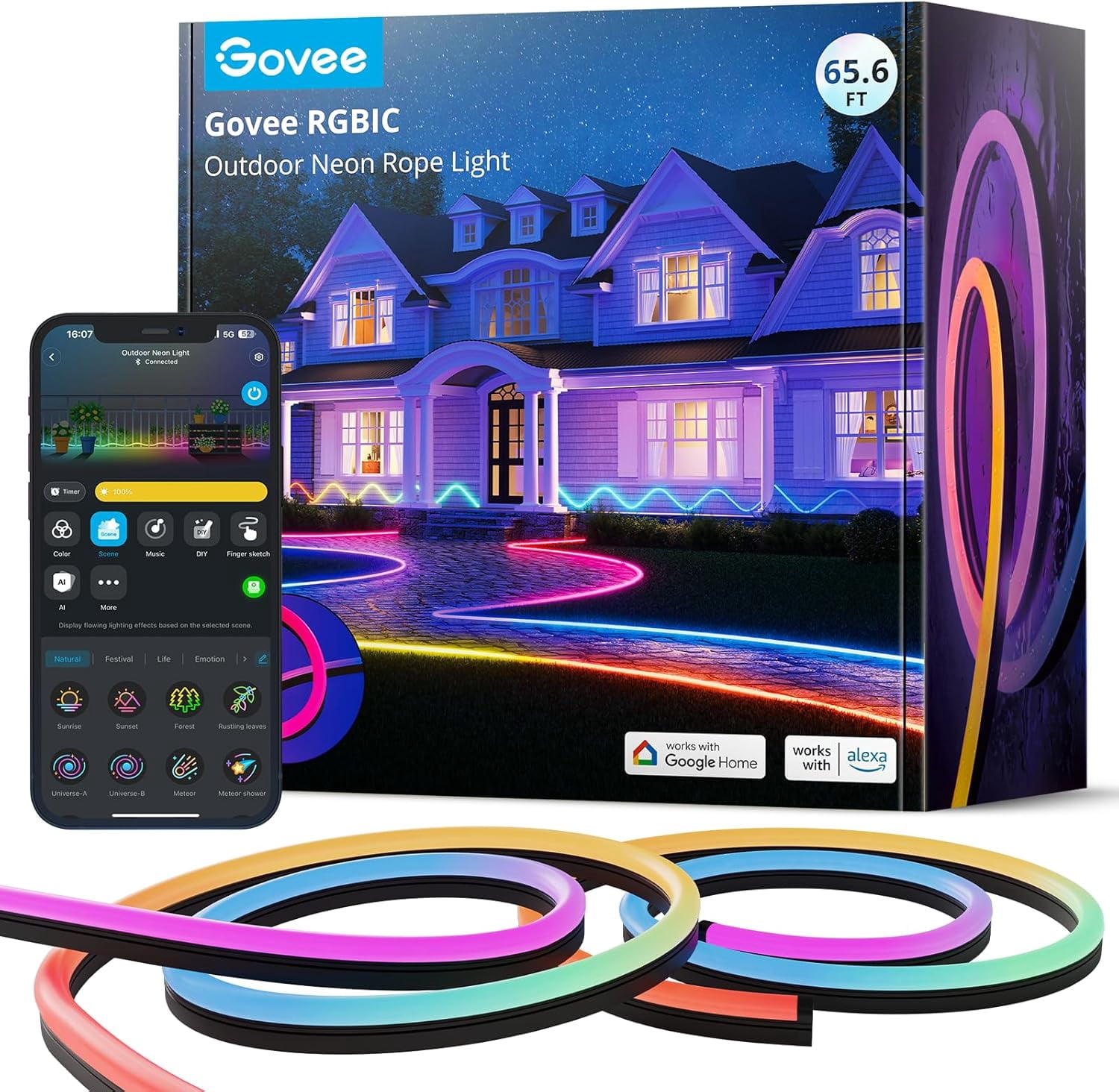 Govee Outdoor Neon Rope Lights, 65.6ft RGBIC IP67 Waterproof Outdoor ...