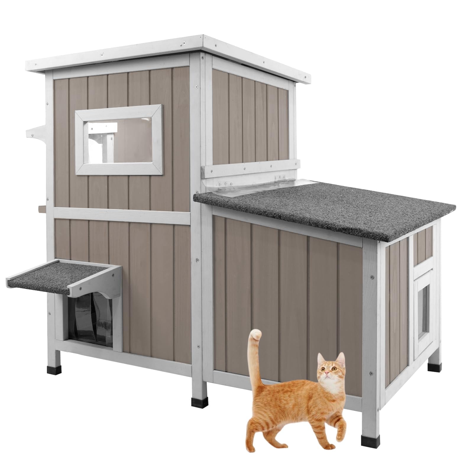 Gowoodhut 36.1" L Outdoor Cat House, 2 Story Wooden Outdoor Cat Shelter ...
