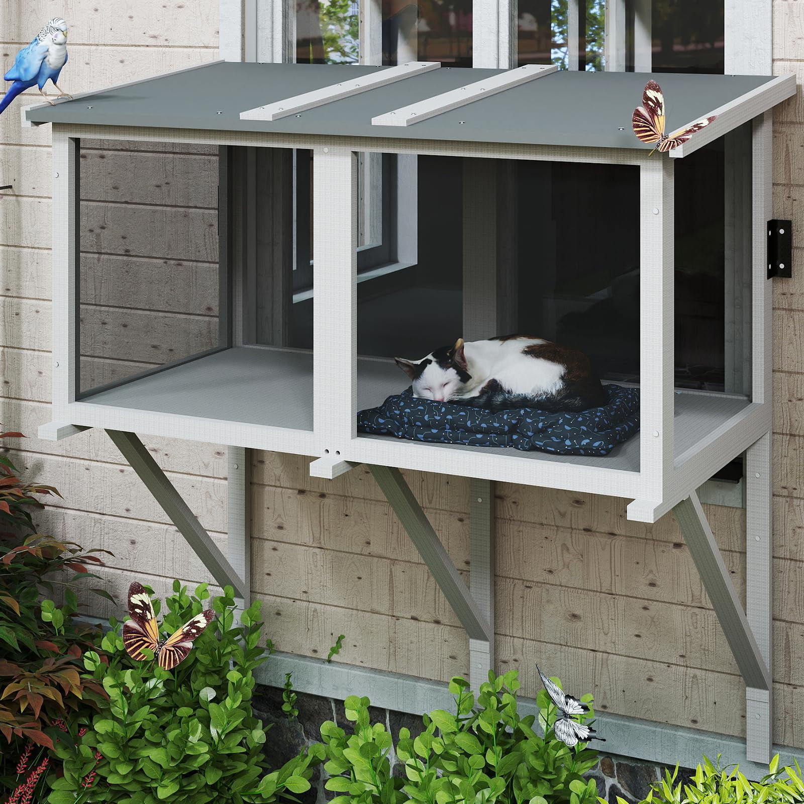 Gowoodhut 46.85" L Cat Window Box,Wooden Cat Window Enclosure for 1-3 ...