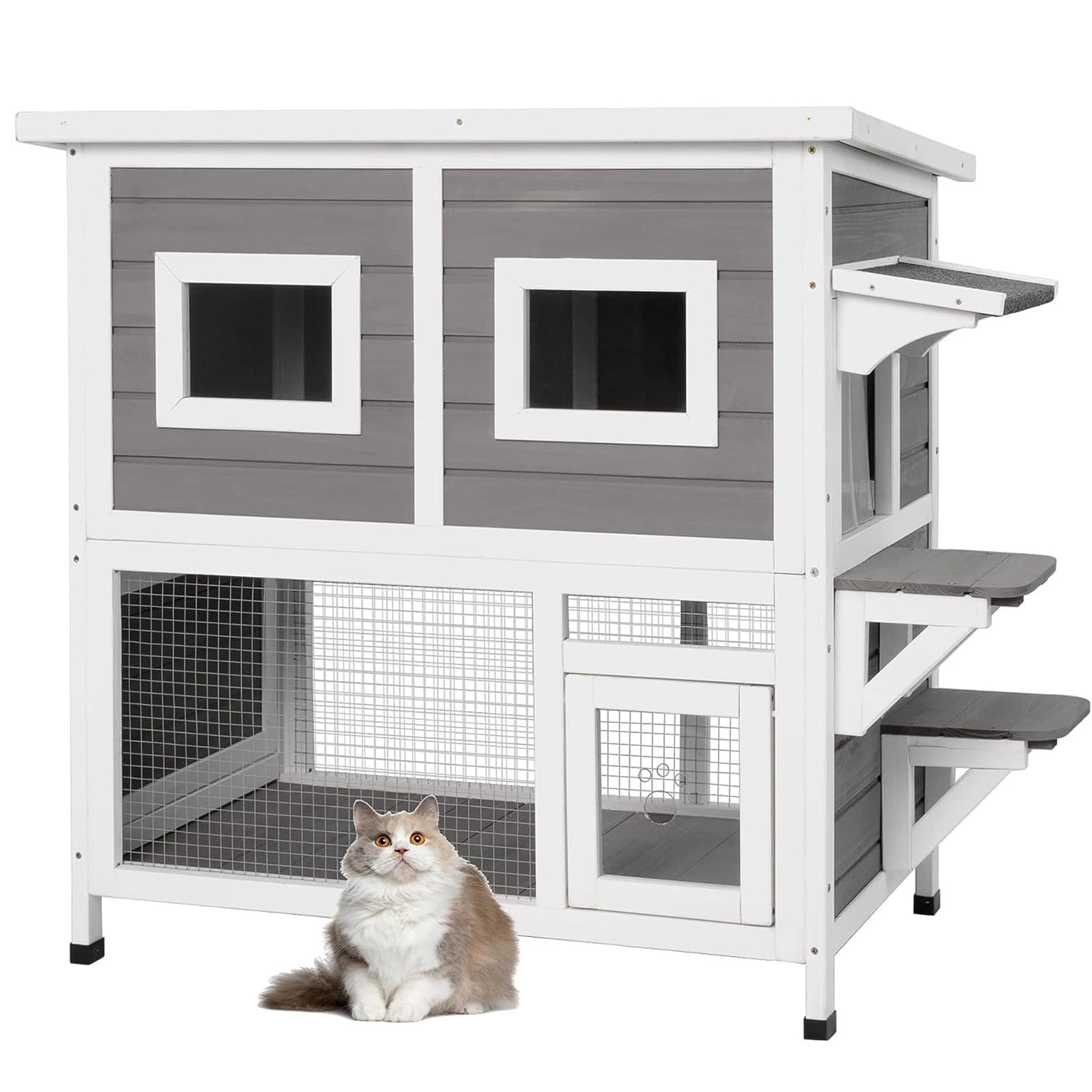 Gowoodhut Cat House Outdoor Wooden 2-Story Kitty House with Escape Door ... Gowoodhut Cat House Outdoor Wooden 2-Story Kitty House with Escape Door ...