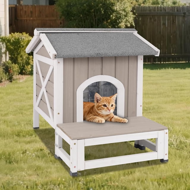 Gowoodhut Small Outdoor Cat House Weatherproof, Wooden Cat House with ...