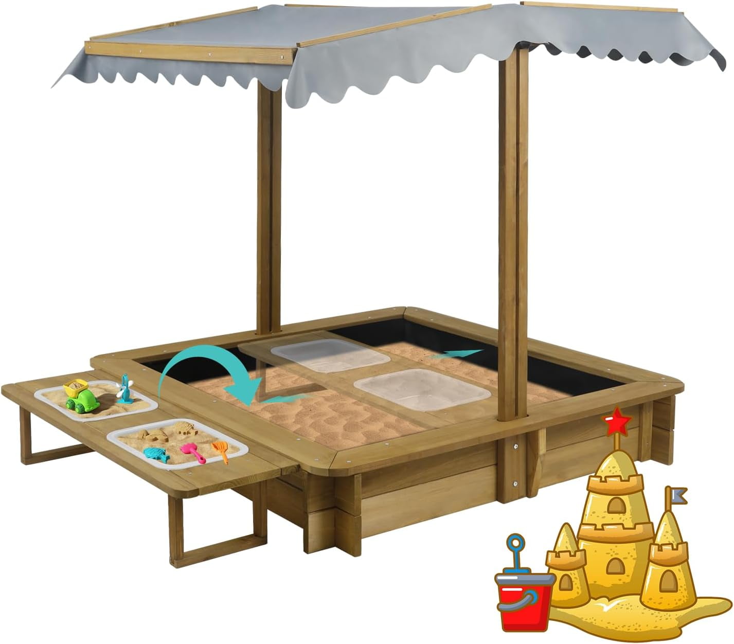 Gowoodhut Outdoor Kids Sandbox with Lid, Wooden Sand Box with Cover ...
