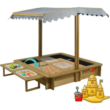 Costway Wooden Sandbox with Canopy Tent Design Fir Wood Frame 2 Bench ...